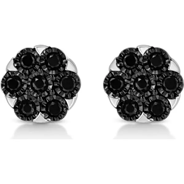 HAUS OF BRILLIANCE Silver 1/4 Ct Treated Color Diamond Cluster Flower Earrings - White | Black Diamond
